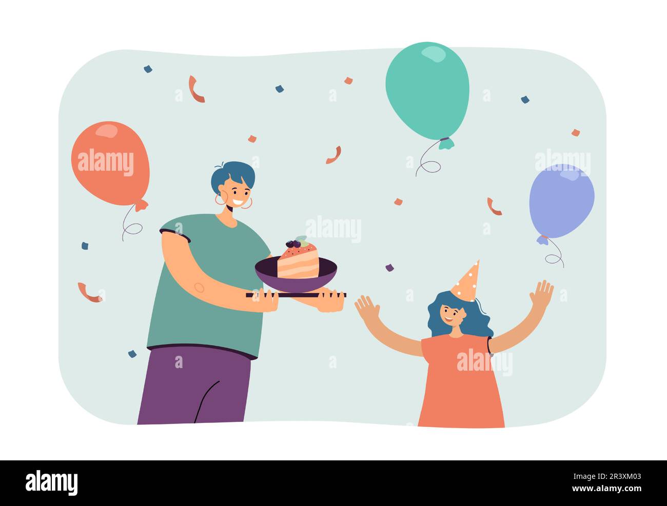 Cartoon mother giving piece of birthday cake to happy daughter Stock ...