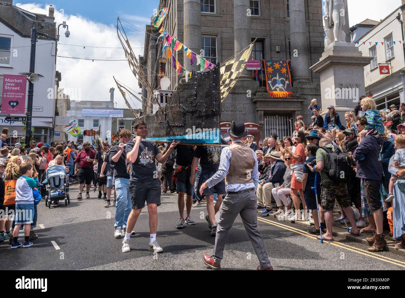 A large replica model of a fishing trawler made of withies and paper ...