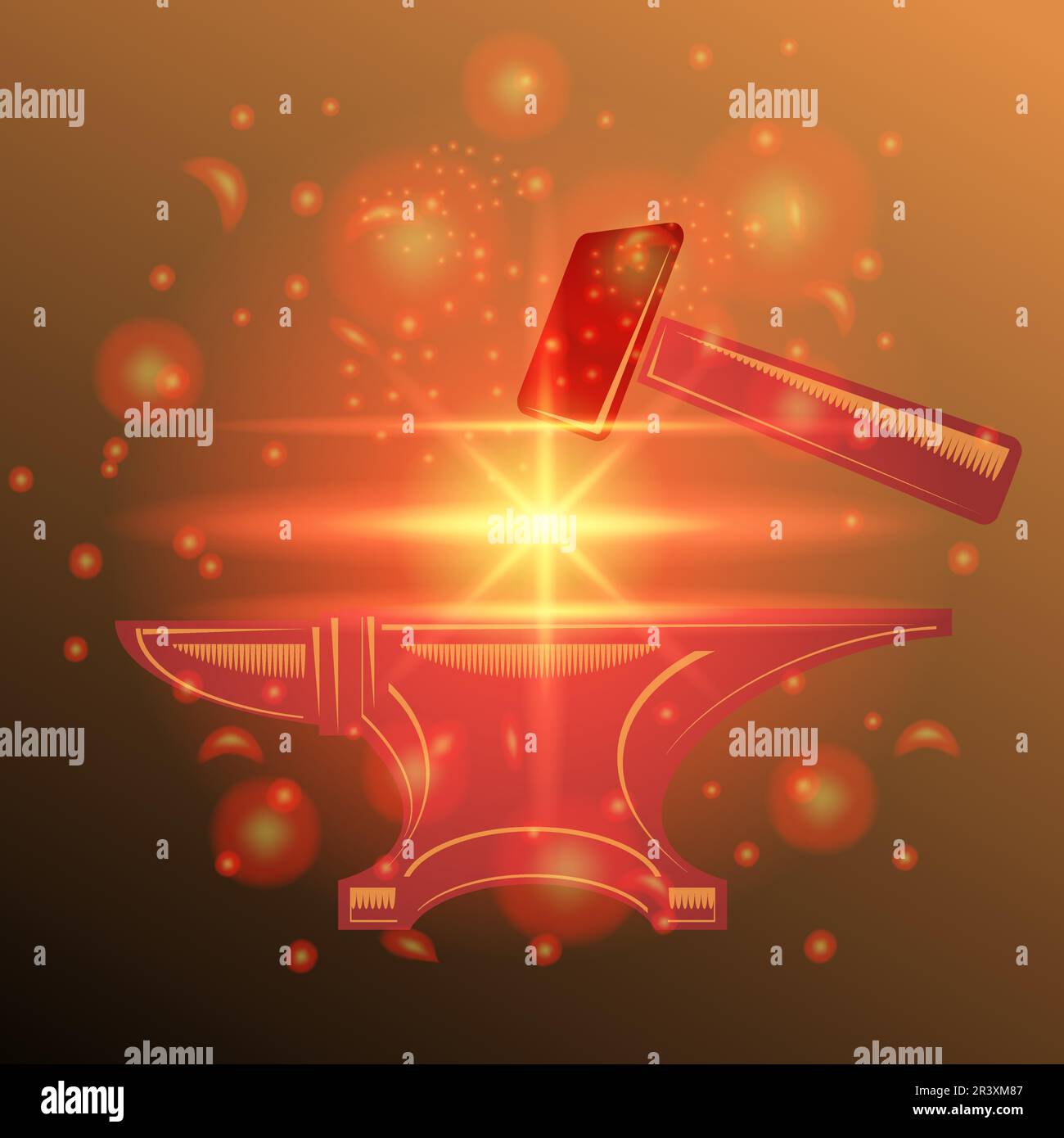 Vector Anvil and Hammer Icon with Yellow Red Flash and Stars on Dark ...