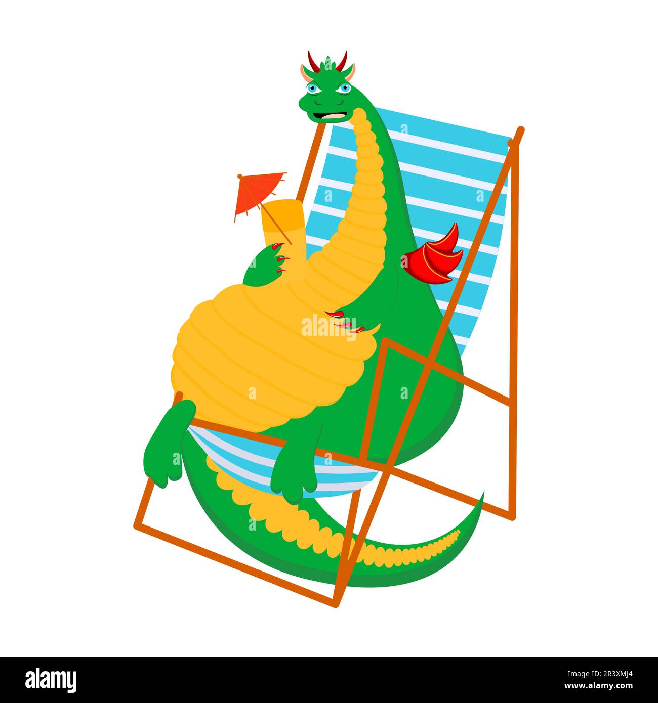 A funny baby dragon sits on a sun lounger. Summer dragon. 2024 year of ...