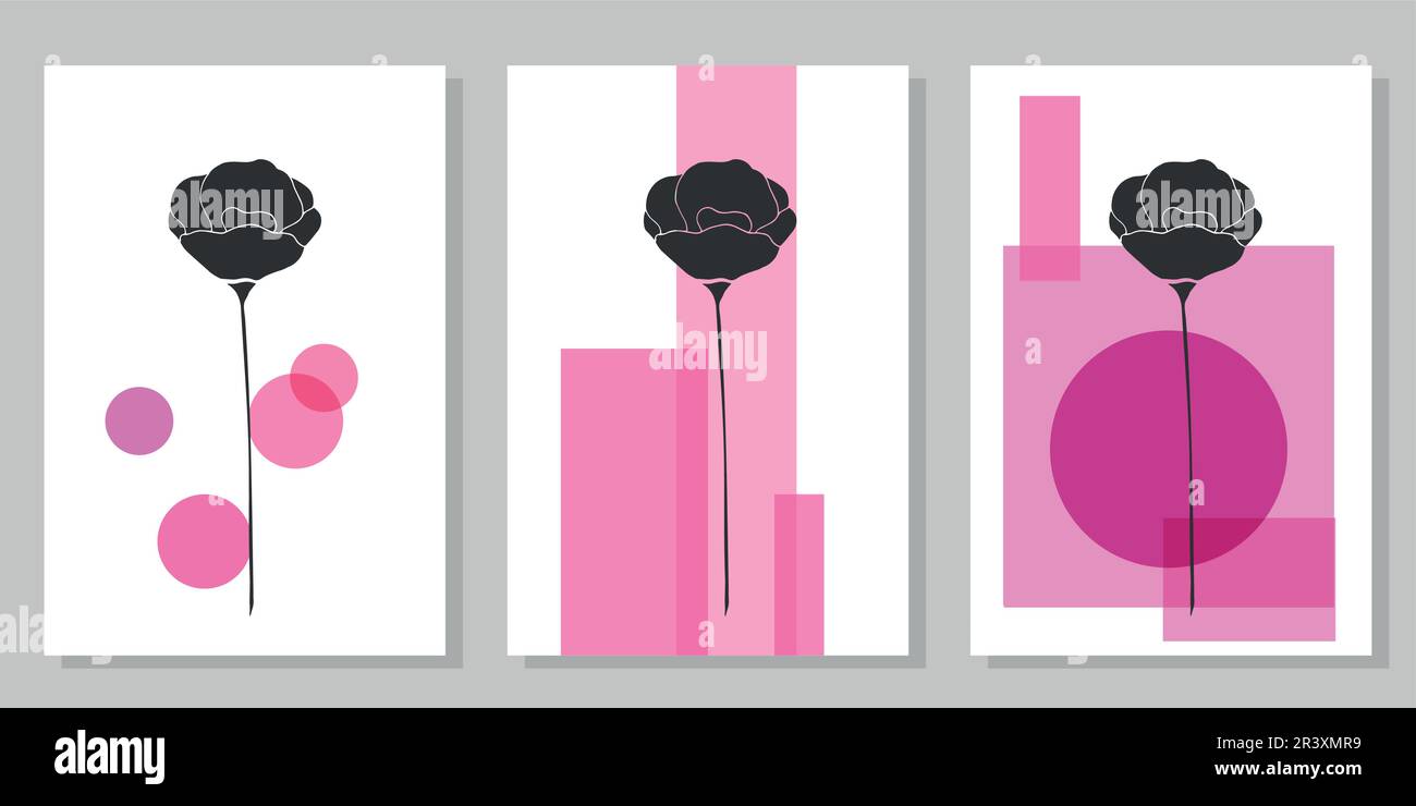 Set of creative minimalist posters with botanical elements and pink shapes. For interior ...
