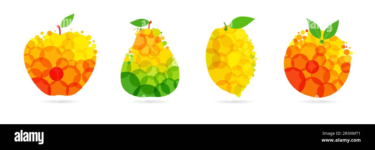 Red and green grapes, pomegranate, mango and banana set of abstract ...