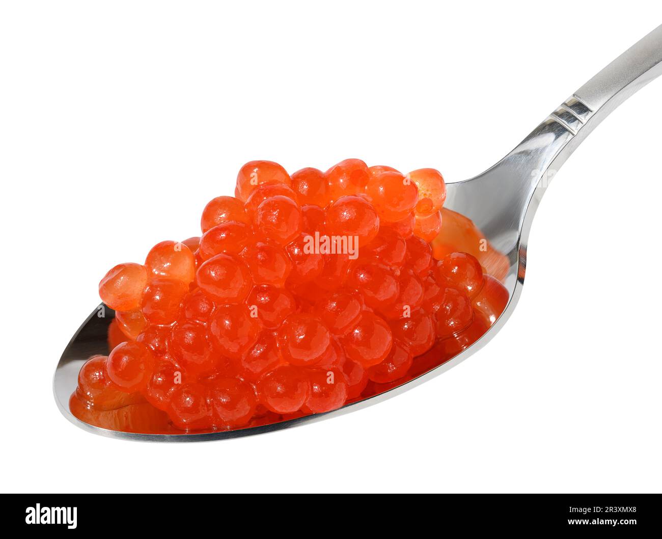 Red sturgeon caviar in a metal spoon on a white isolated background ...