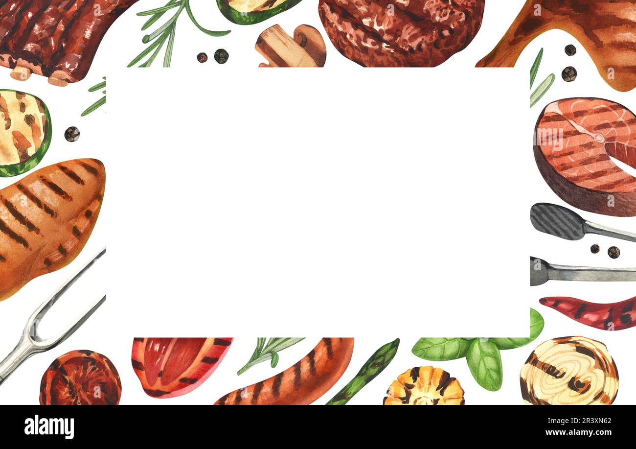 Watercolor frame barbecue. Elements for cooking bbq - grill, chicken ...