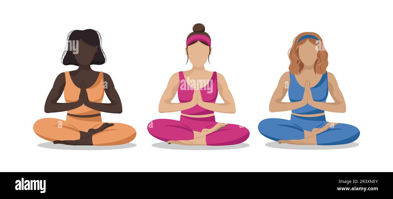 Sport team of faceless women sitting in lotus yoga asana pose. Mental ...