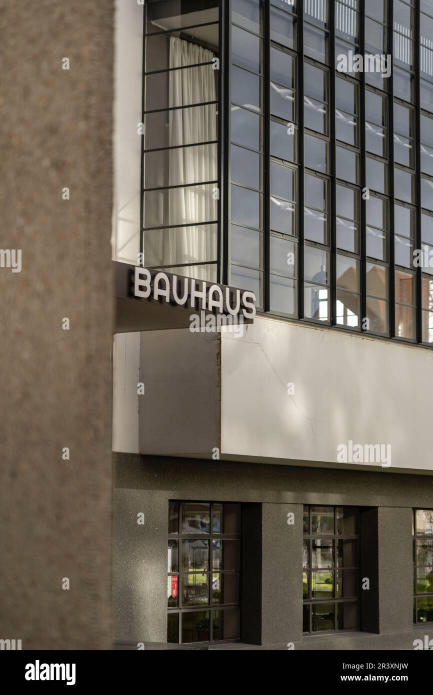 main entrance and sign, bauhaus school, Main building, Dessau, Federal ...