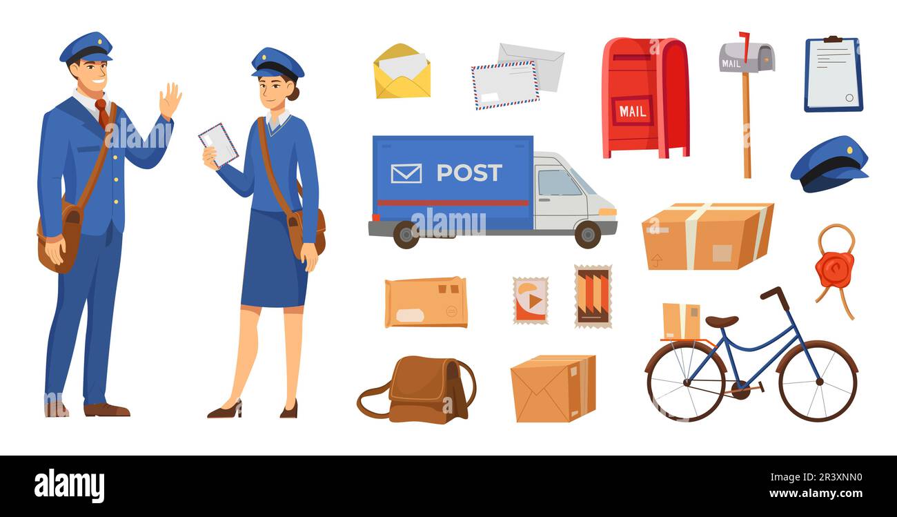 Male and female postman characters vector illustrations set Stock ...