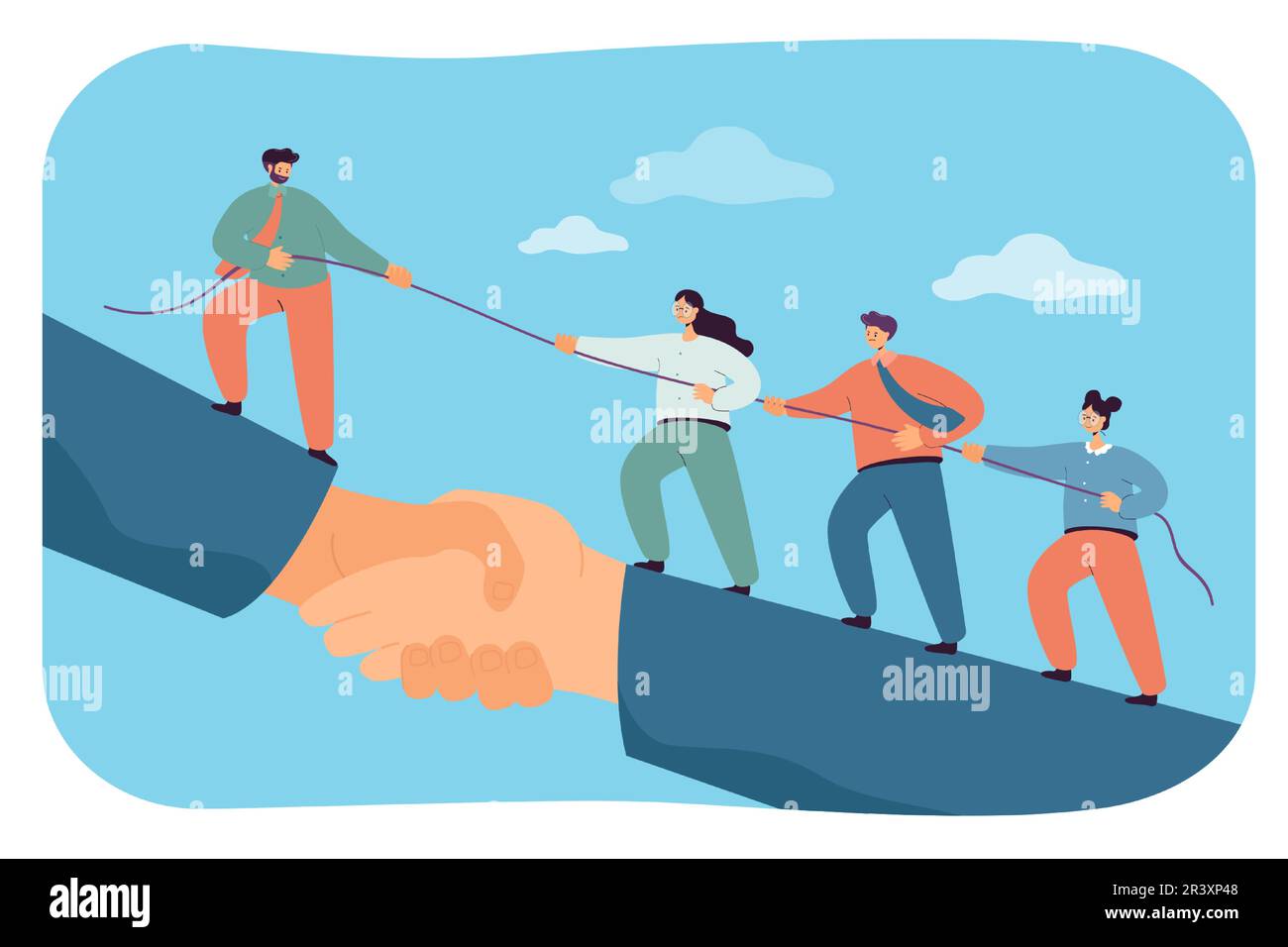 Business team climbing giant handshake with support of leader Stock ...