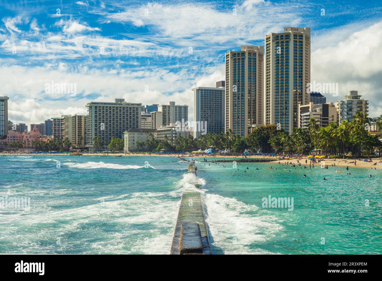 Skyline of Honolulu at Waikiki beach, Oahu island in Hawaii, US Stock ...