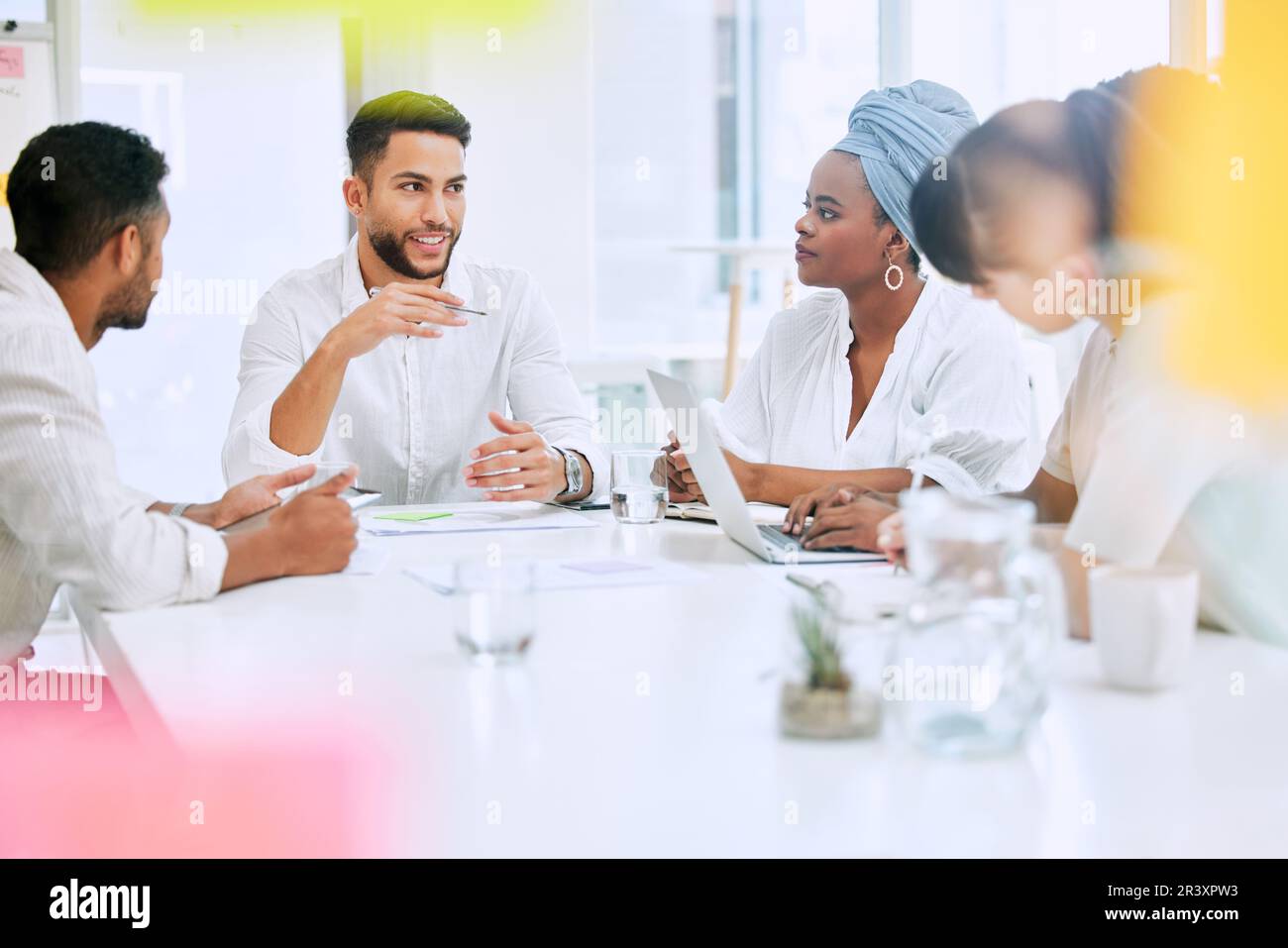 Talking, meeting and business people teamwork, brainstorming or manager ...