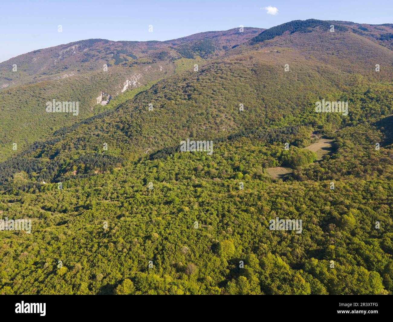 Aerial spring view of Rhodopes Mountain near town of Kuklen, Plovdiv ...