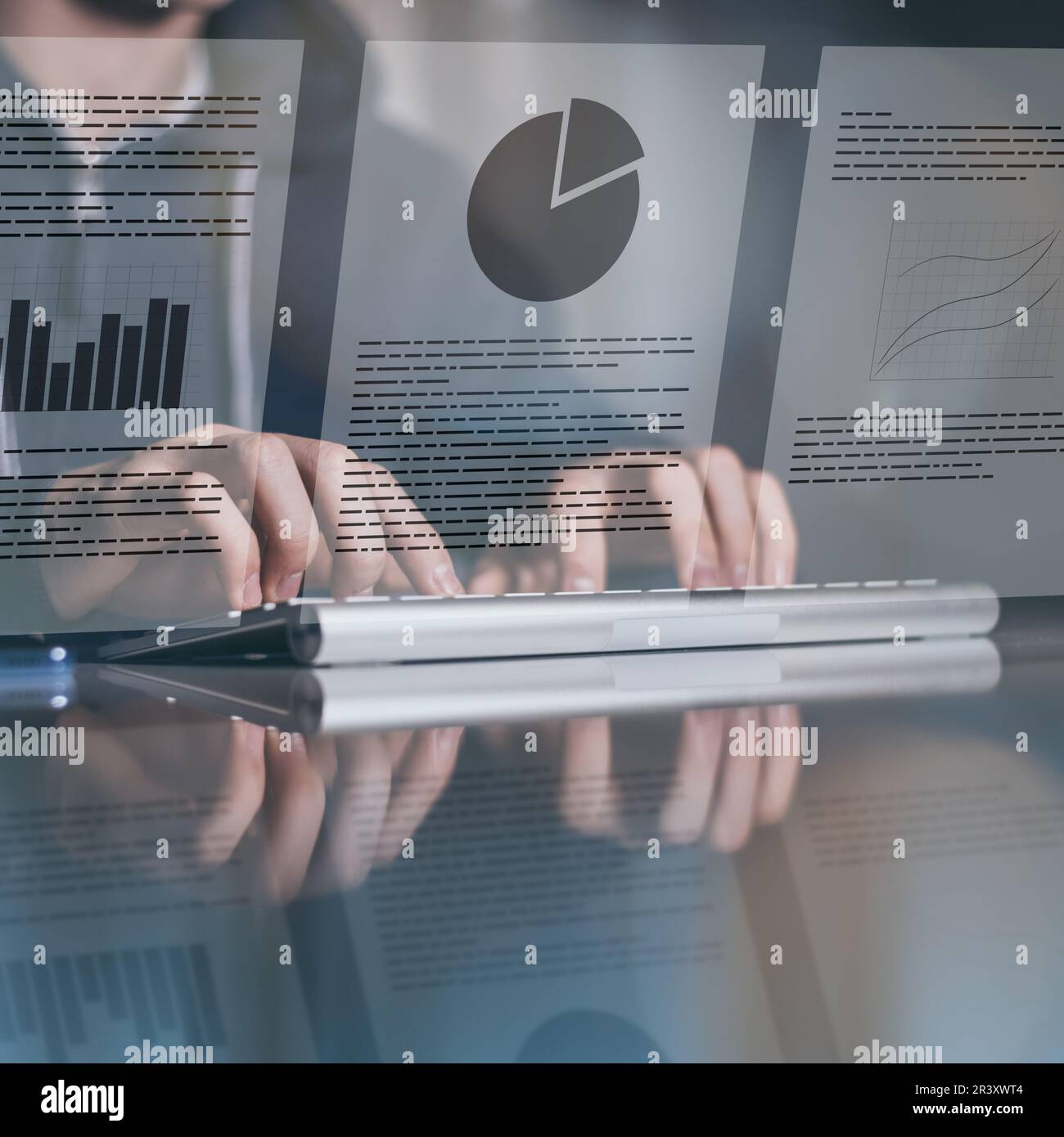 Student working on virtual screen with digital documents. Teenager ...