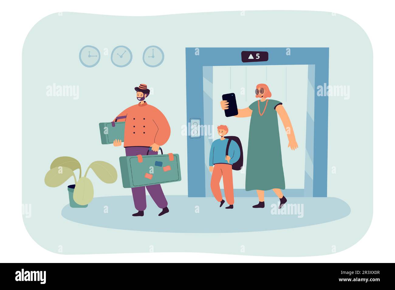 Cartoon family with suitcases exiting elevator Stock Vector Image & Art ...