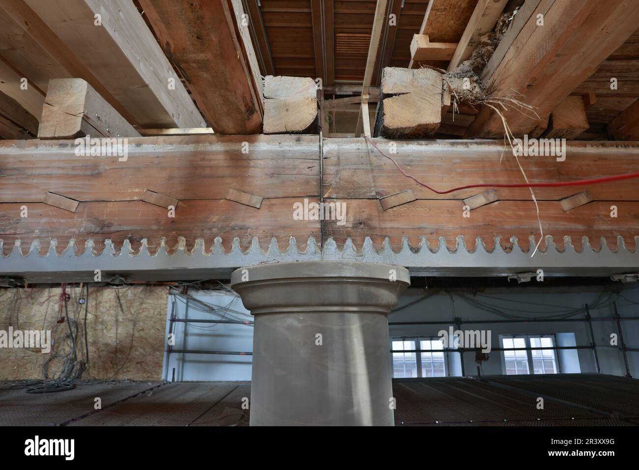 25 May 2023, Saxony-Anhalt, Wernigerode: View of exposed ceiling beams ...