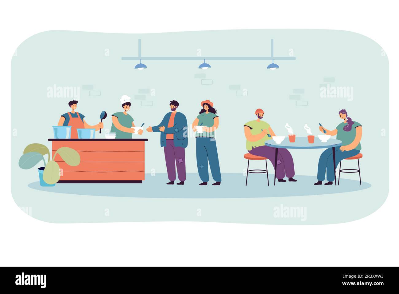 Cartoon homeless people eating food at refectory Stock Vector Image ...