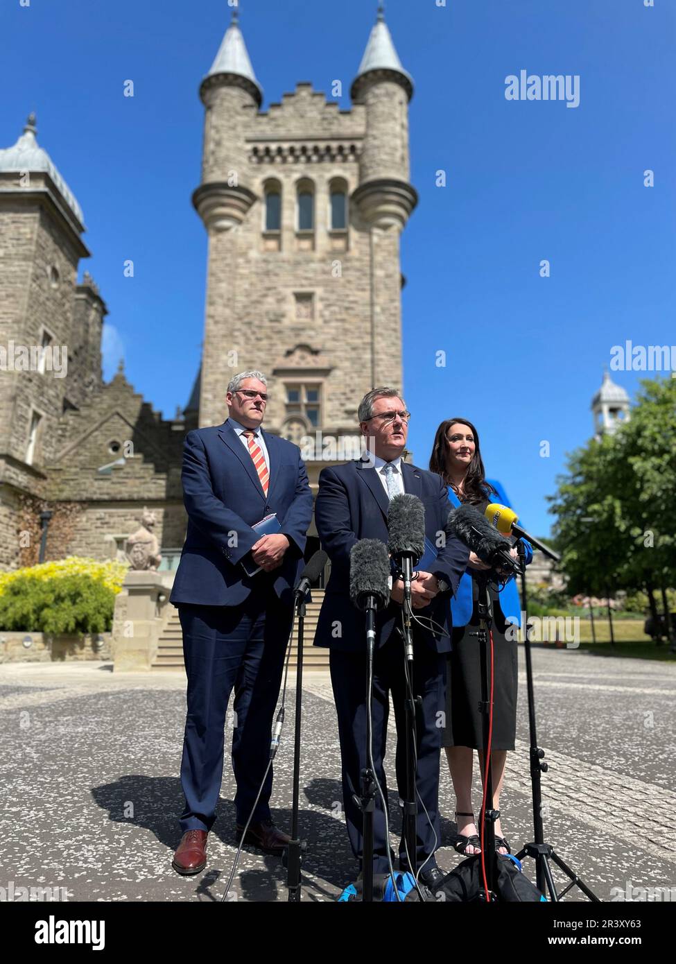 DUP leader Sir Jeffrey Donaldson along with party colleague Gavin Robinson and Emma Little ...