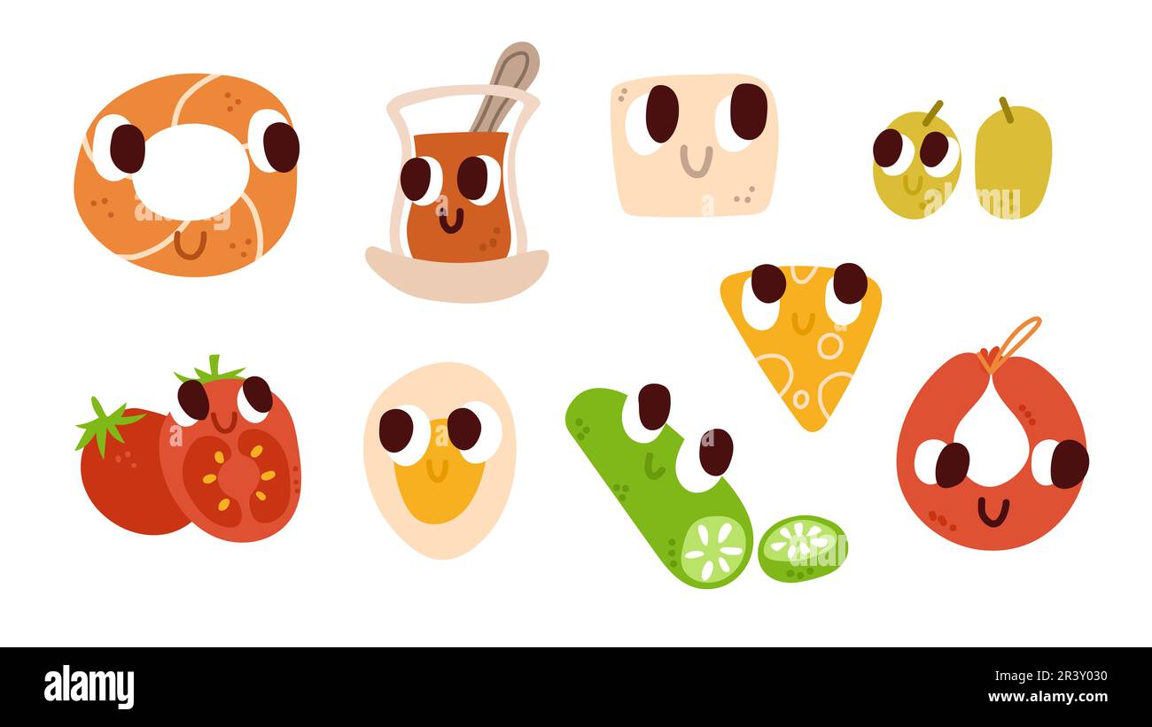 Breakfast food characters set for kids menu. Vector illustrations clip ...