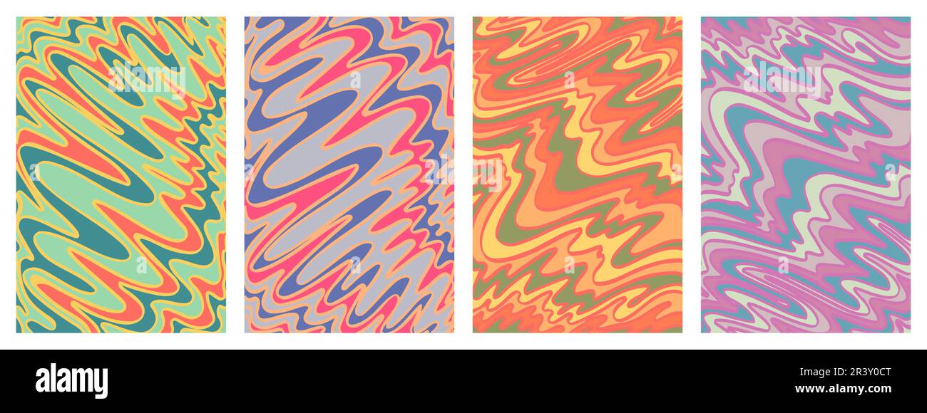 Set Groovy wavy vertical posters Abstract retro line art aesthetic 70s ...