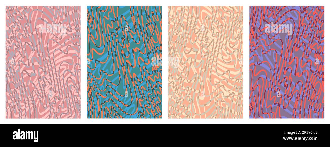 Set Groovy wavy vertical posters Abstract retro line art aesthetic 70s ...