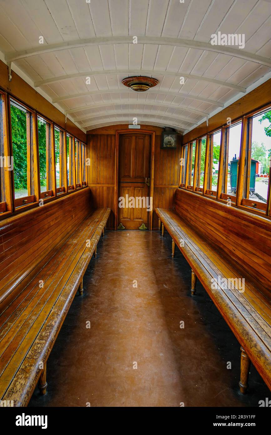 the inside of an old train carriage Stock Photo - Alamy