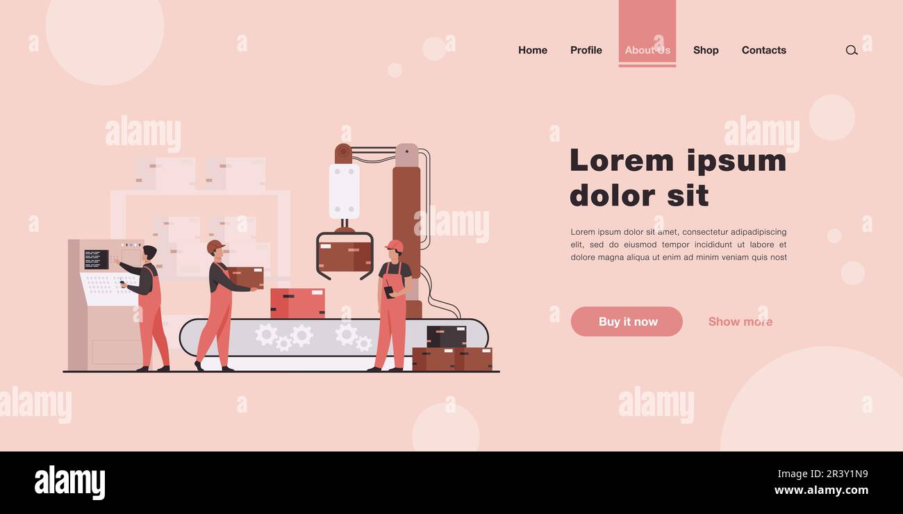 Factory workers and robotic arm removing packages from conveyor Stock ...