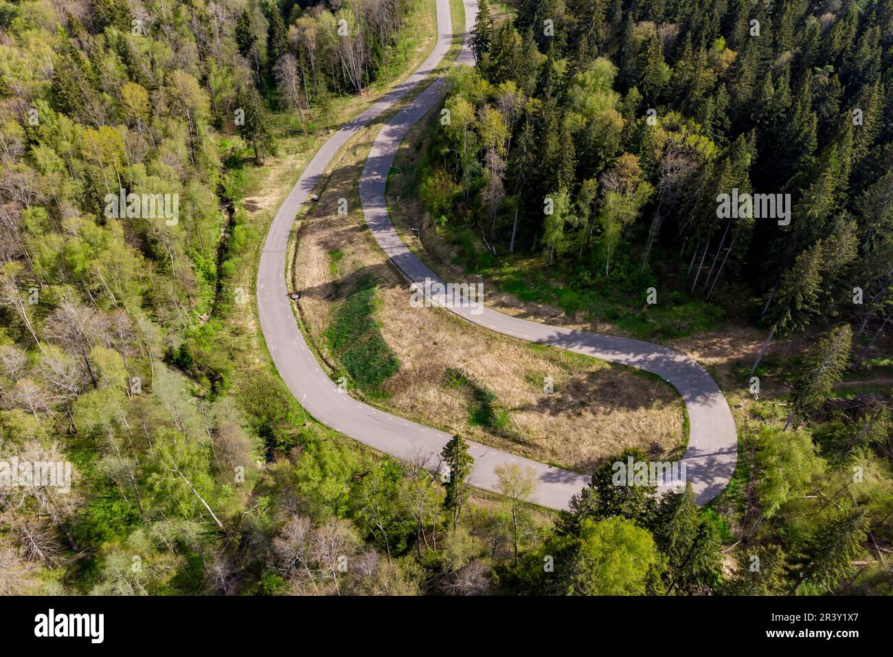 Aerial view of the roller ski track in the forest for training and ...