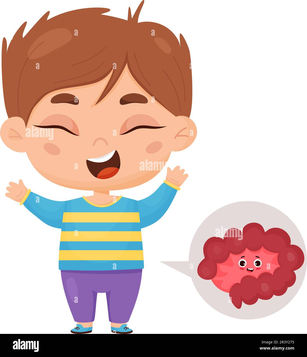 Happy joyful boy and healthy internal organ intestine. Character in ...