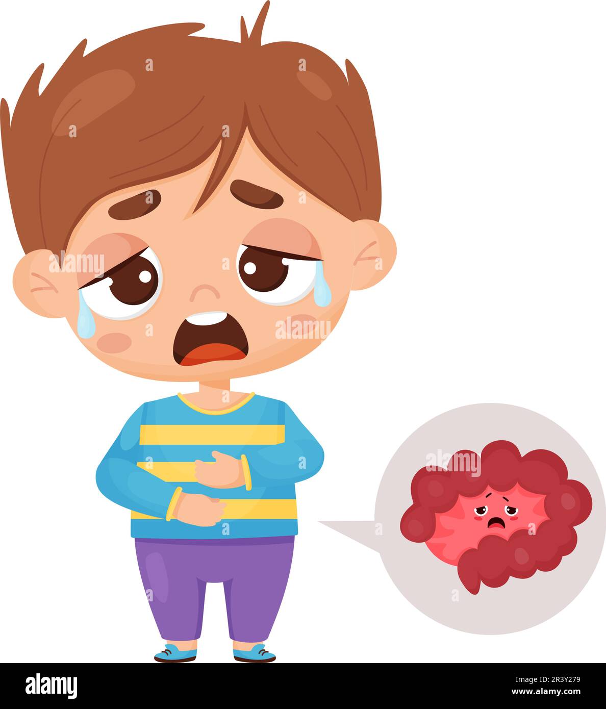 Suffering sick boy on intestinal pain. Child is crying and holding his ...