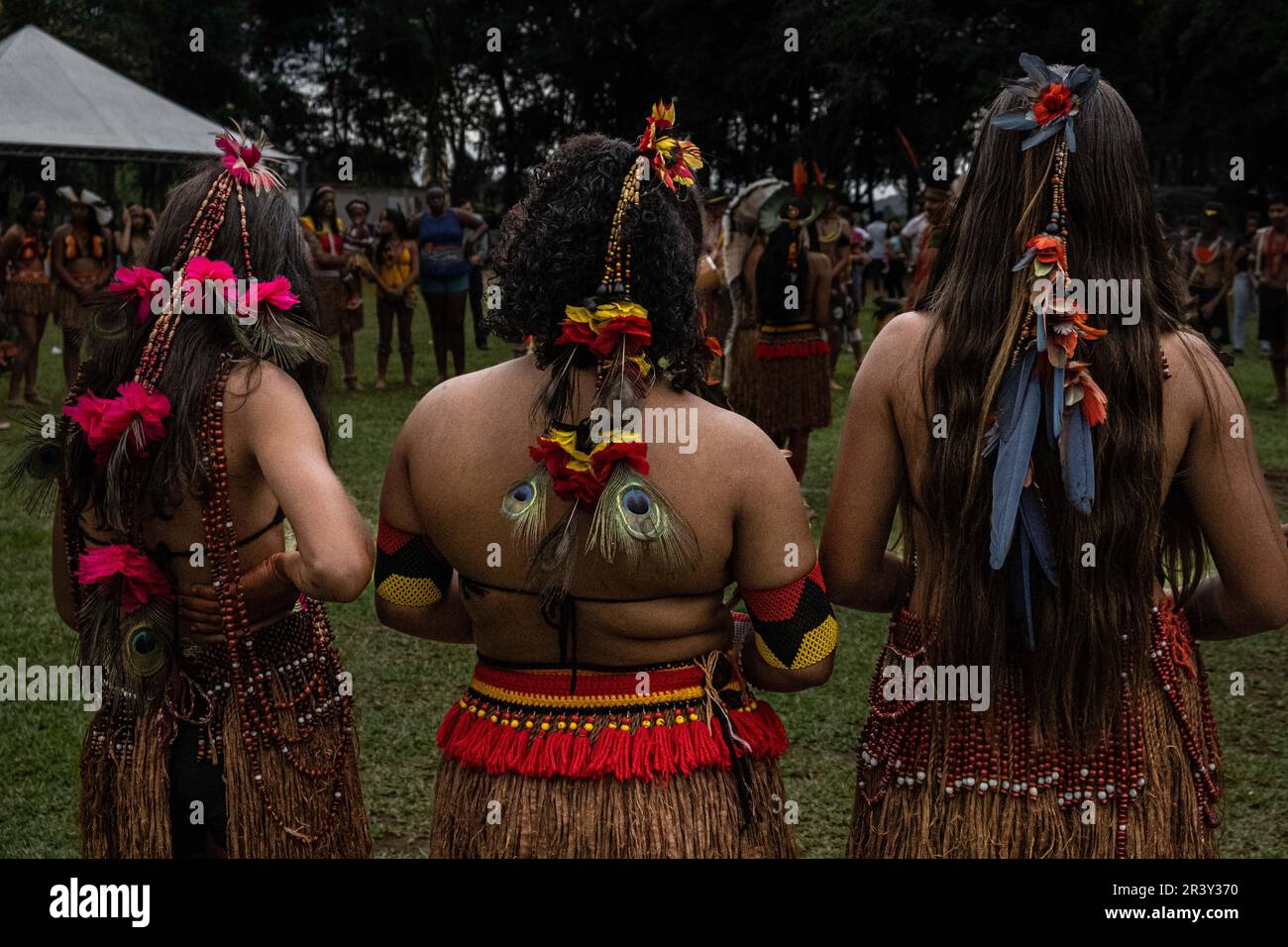 Backs of indigenous women wearing traditional outfits and ornaments ...