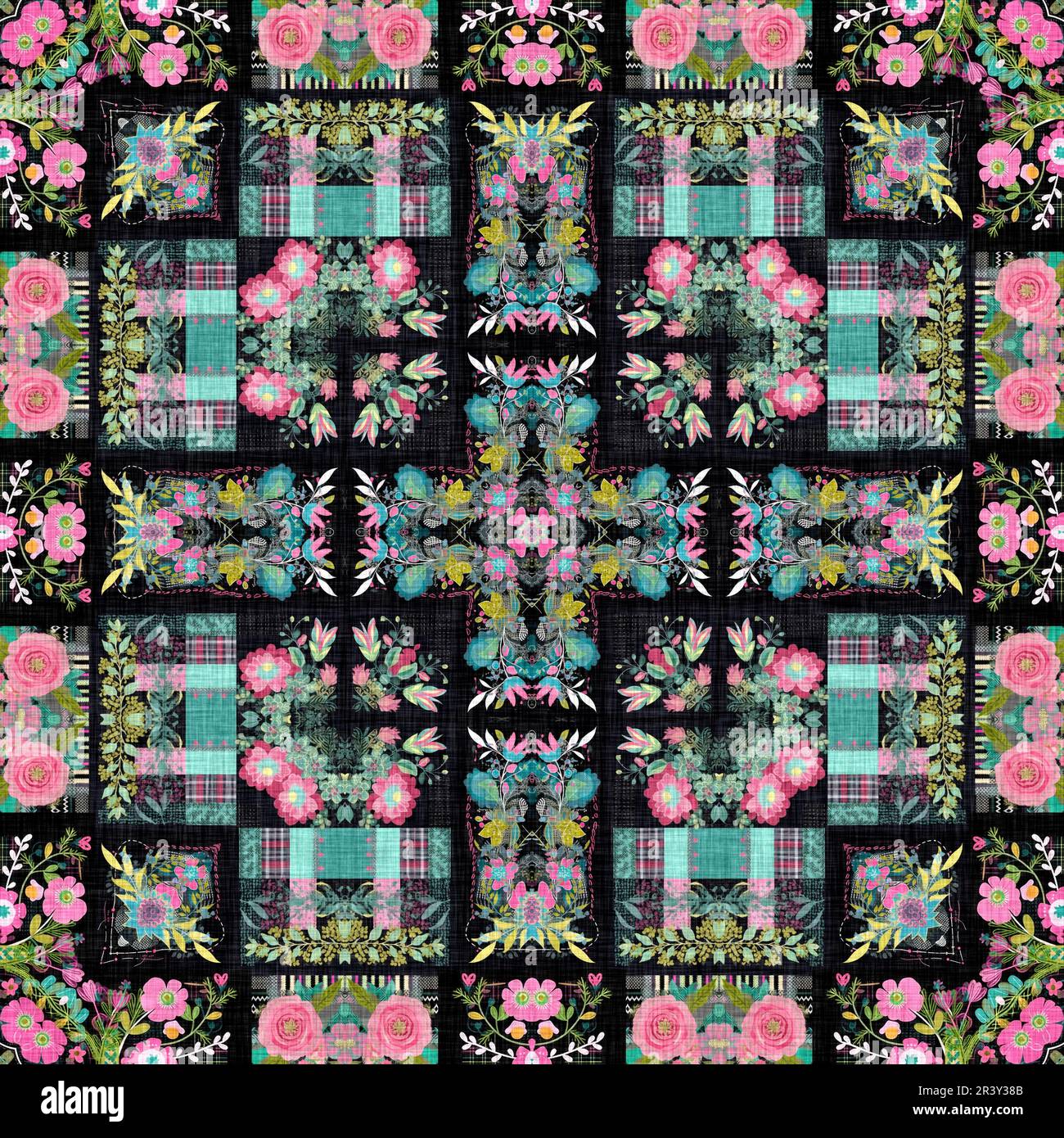 Boho patchwork flower pattern with a gypsy retro style. Repeatable ...