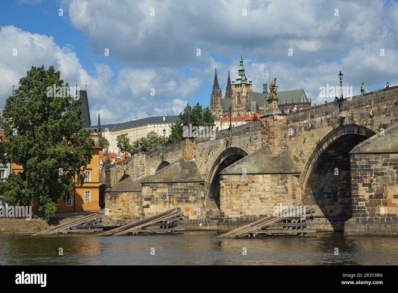 View of Prague Castle and Charles bridge from the river Vltavain Prague ...