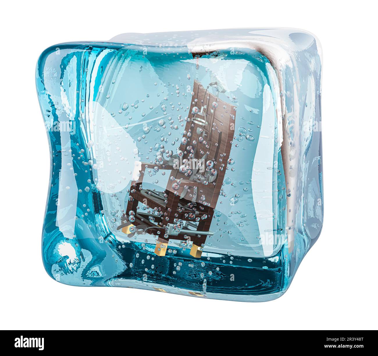 Electric chair frozen in ice cube, 3D rendering isolated on white ...