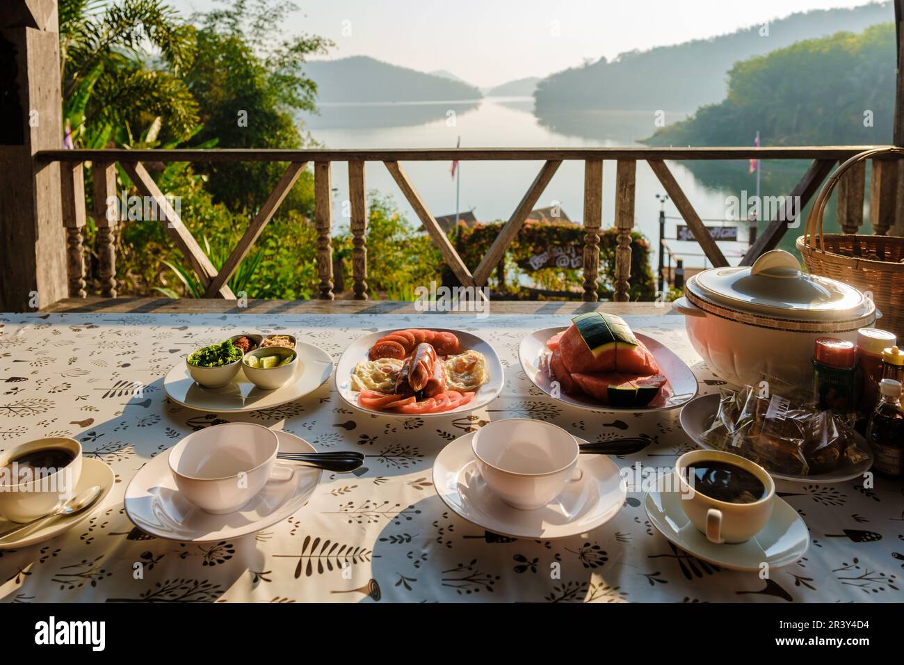 Breakfast view from a wooden bungalow with a view Huai Krathing lake in ...
