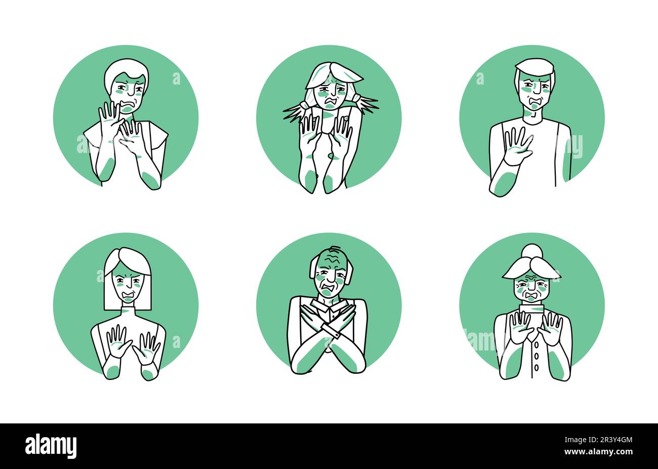 Emotion of disgust, people set circle icons. Disgusted boy and girl ...