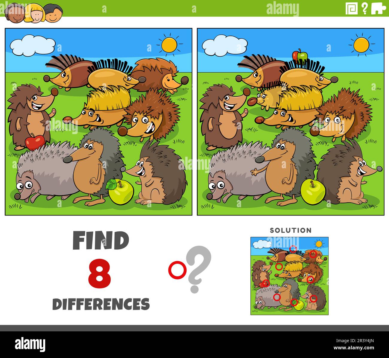 Differences game with cartoon hedgehogs characters Stock Photo - Alamy