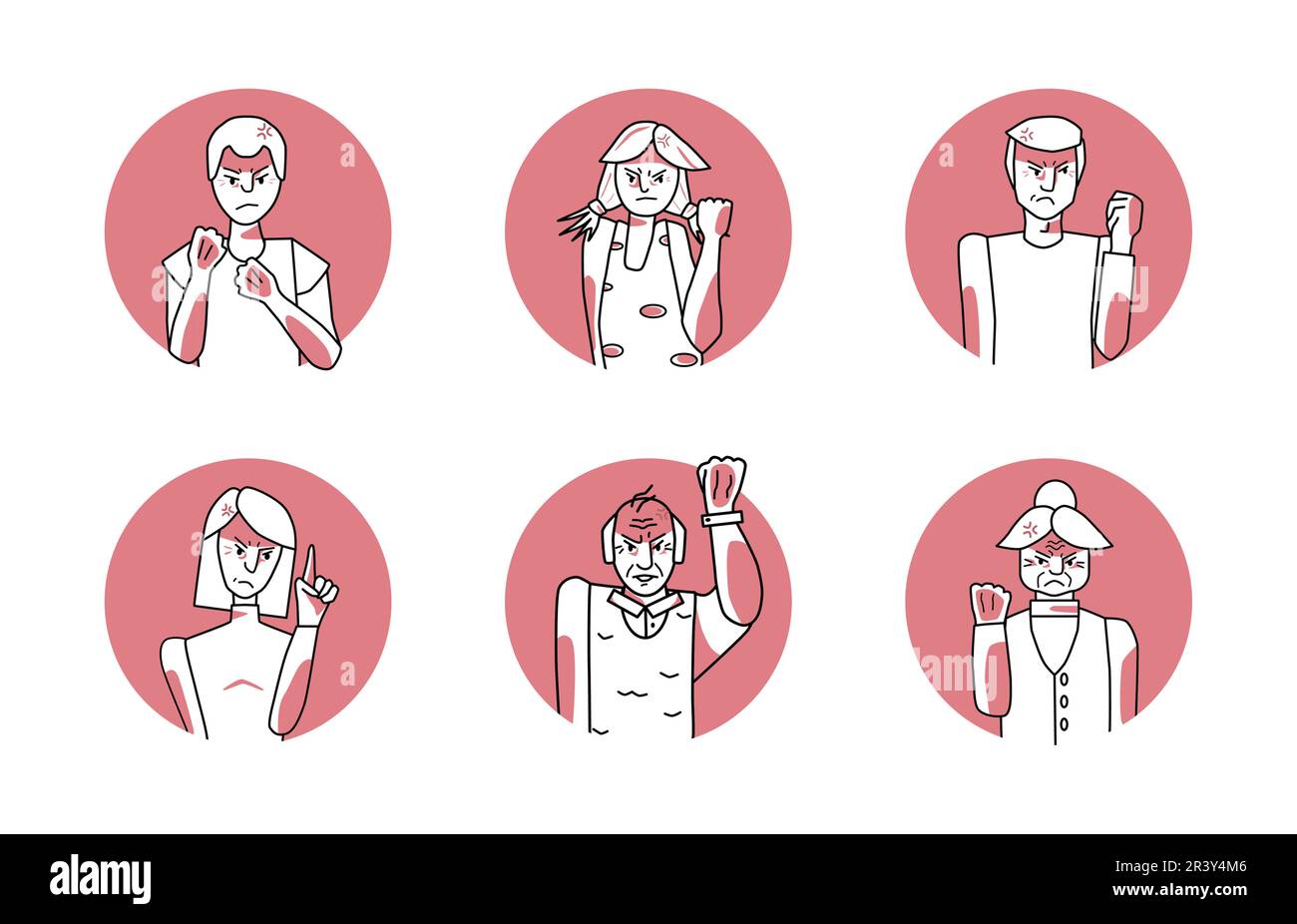 Set of anger emotion characters circle icons. Angry boy and girl, man ...