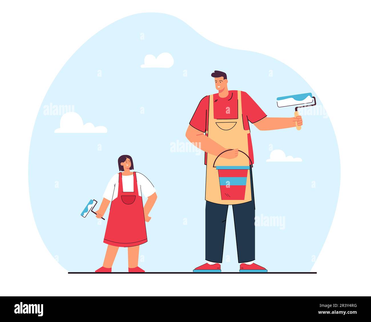 Cartoon father and daughter holding paint rollers and bucket Stock ...