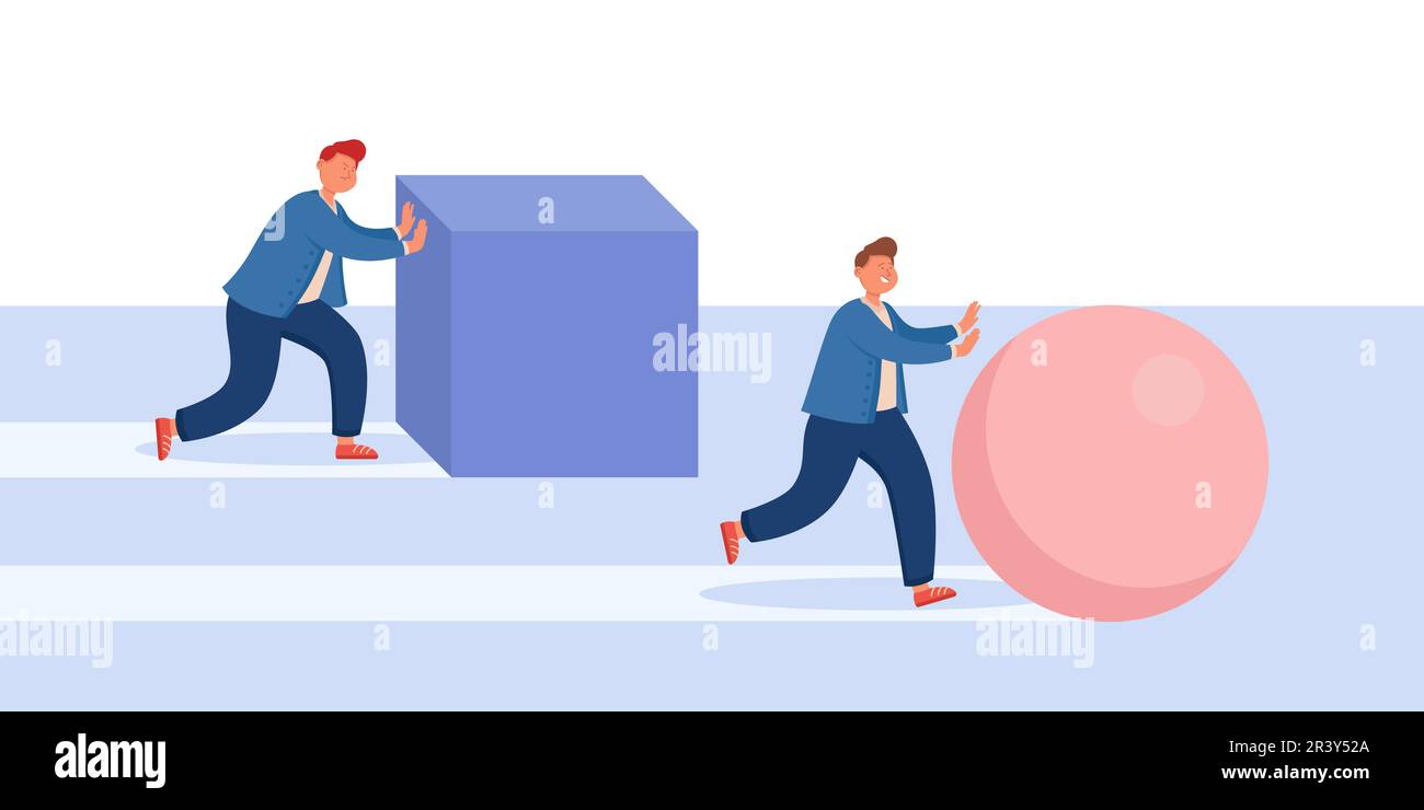 Businessman moving box while smarter competitor pushing ball Stock ...
