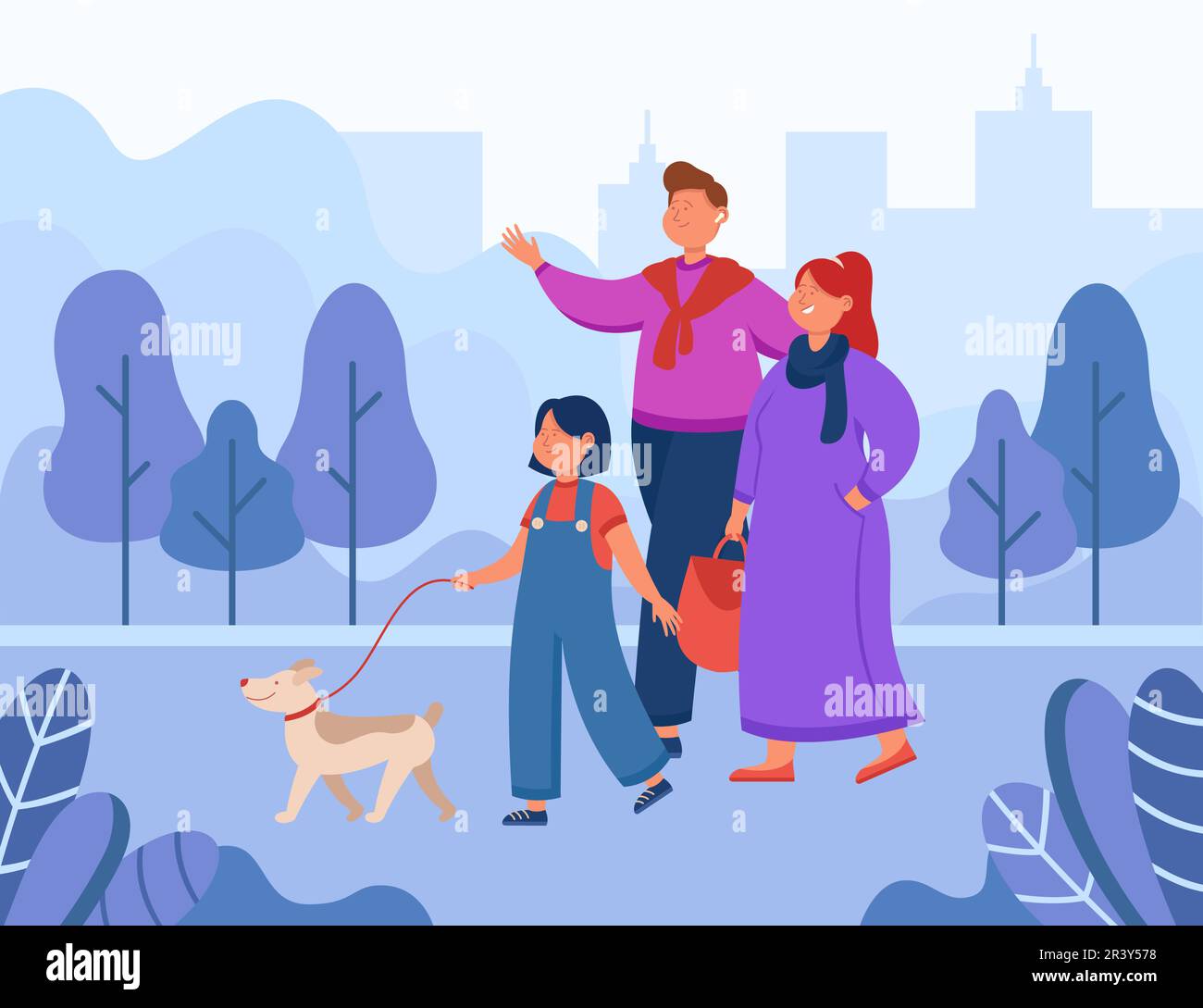 Happy cartoon family walking dog in city park Stock Vector Image & Art ...