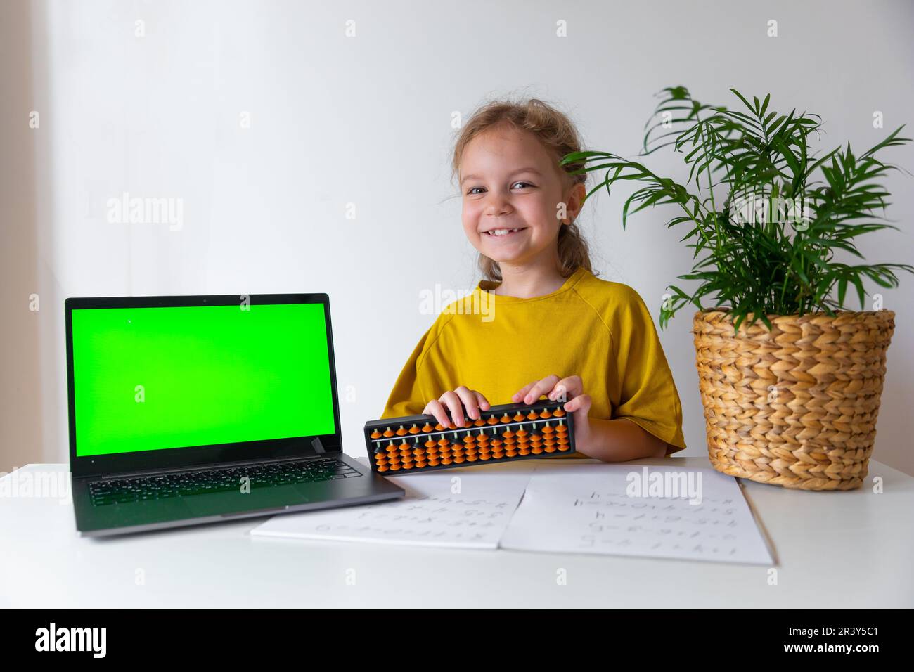 portrait of a girl with abacus in her hands, the concept of teaching ...