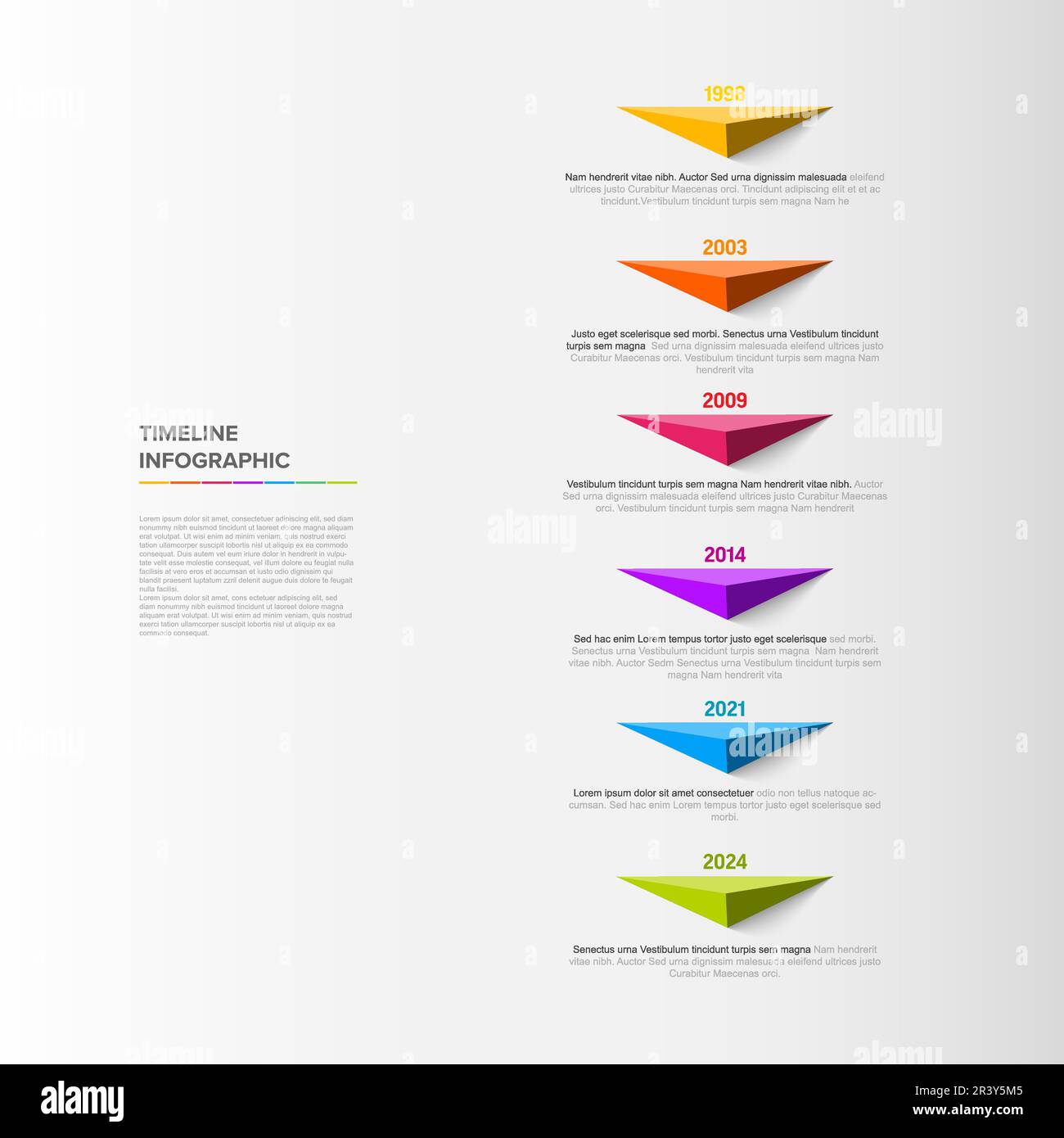 Colorful vector infographic timeline report template with six triangle ...