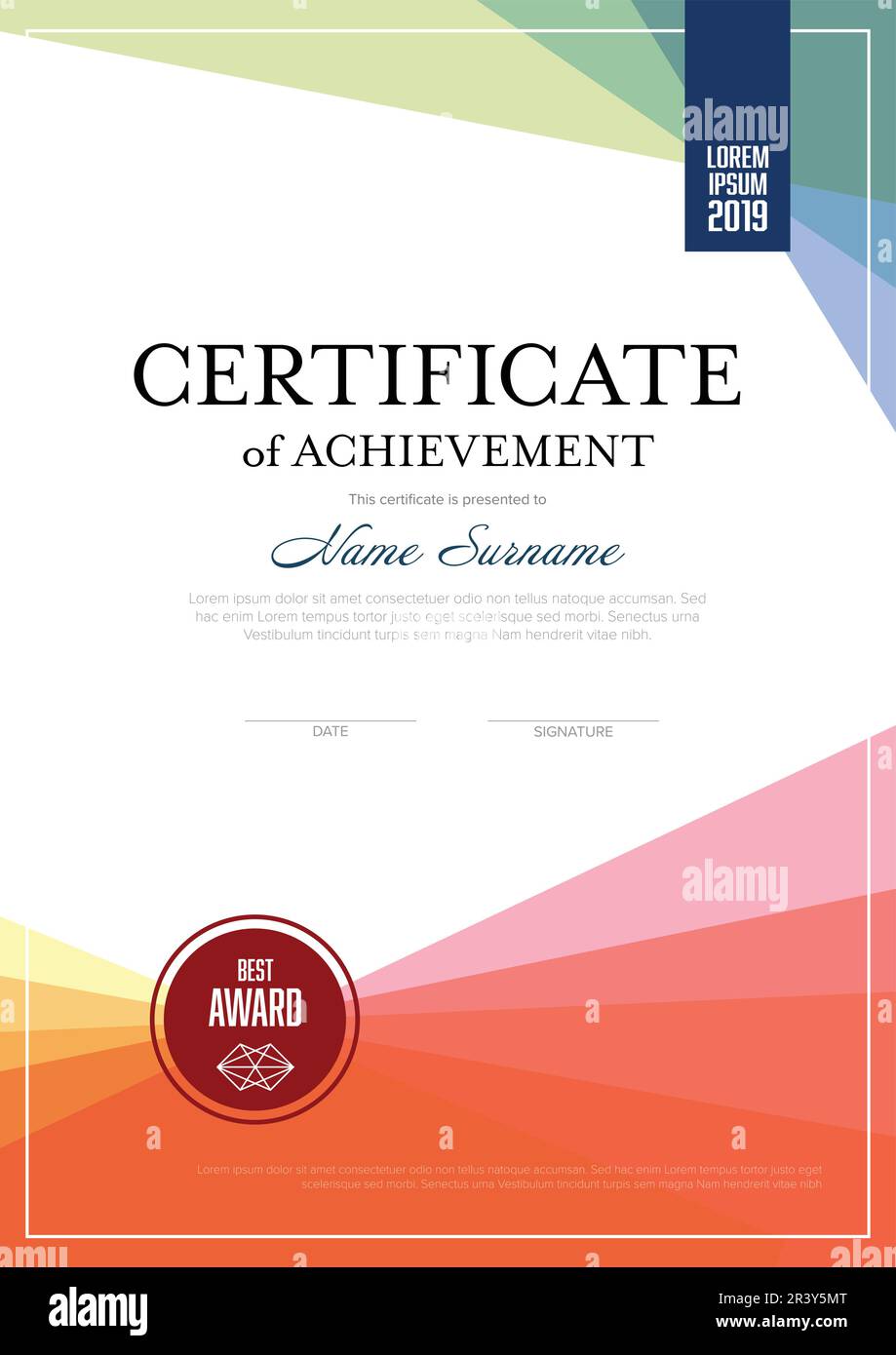 Modern art vertical colorful certificate of achievement template with ...
