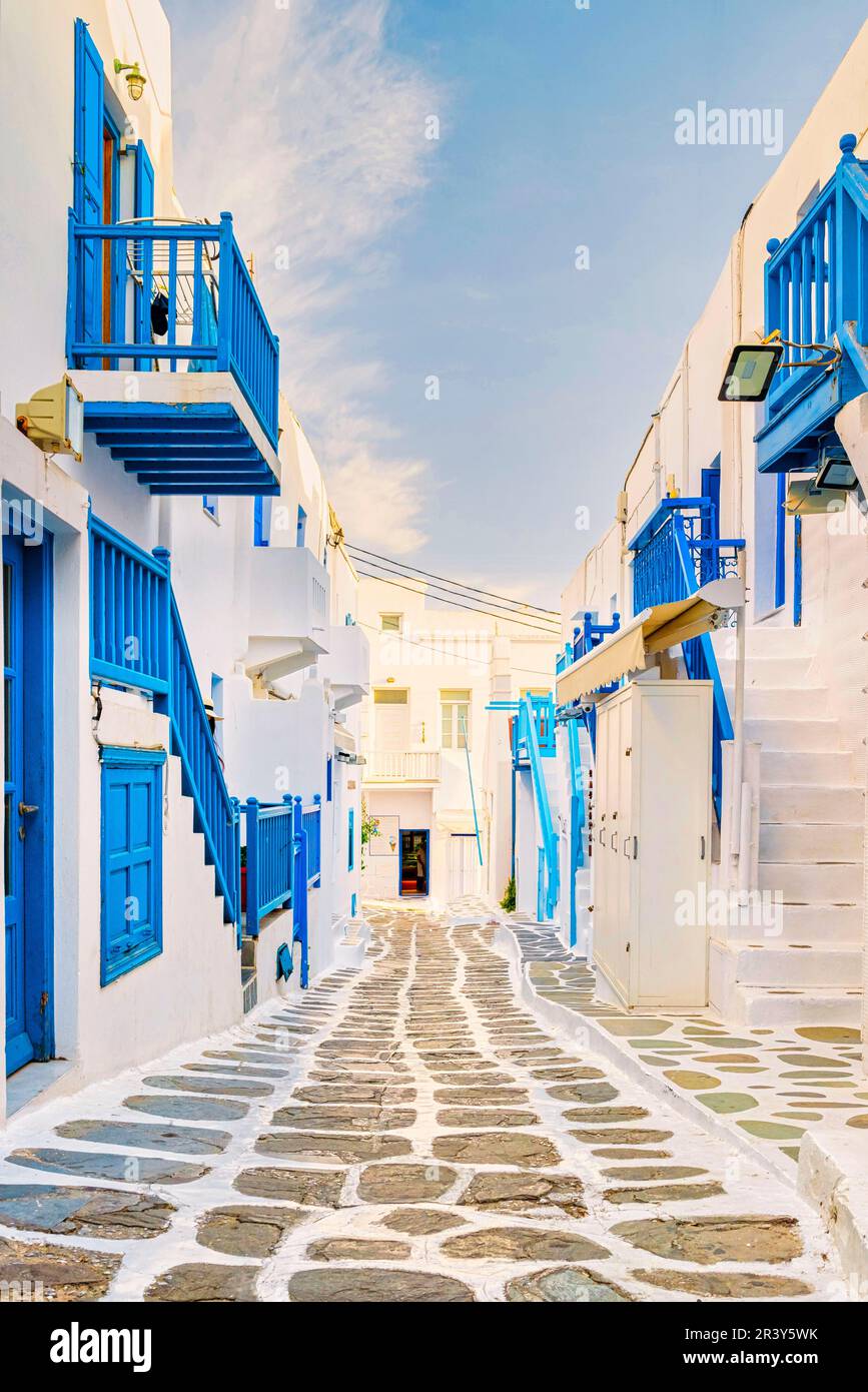 Empty street of Mykonos Greek village in Greece, colorful streets of ...