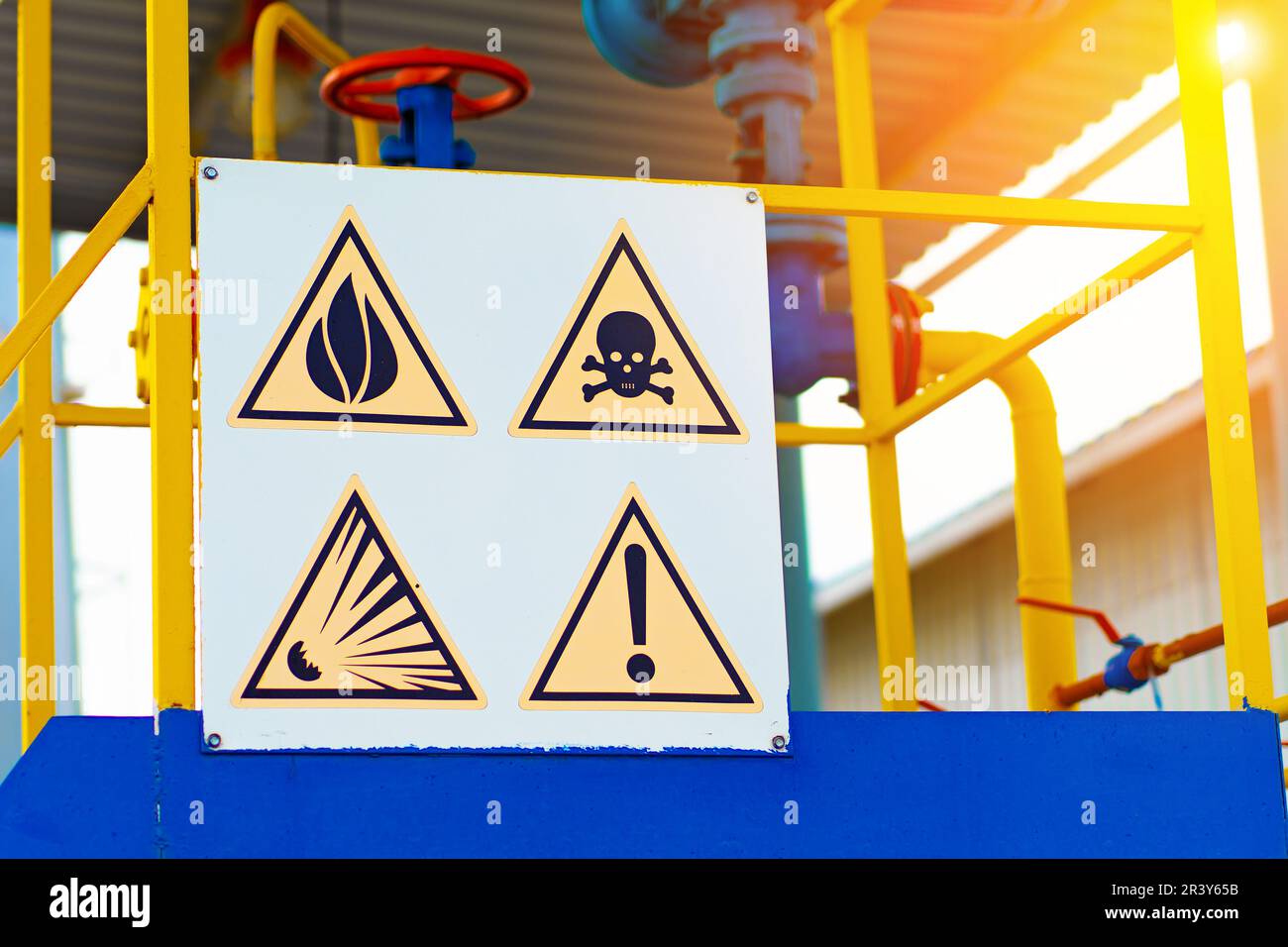 Hazard warning signs. Plate at gas hazardous industrial facility. Life ...