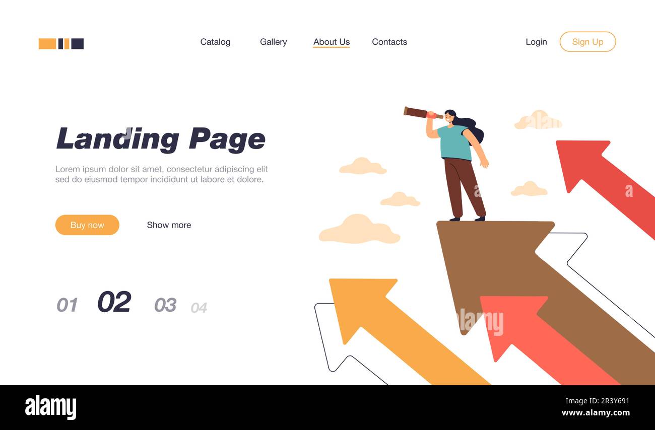 Tiny woman standing on arrow and looking for future plans Stock Vector ...