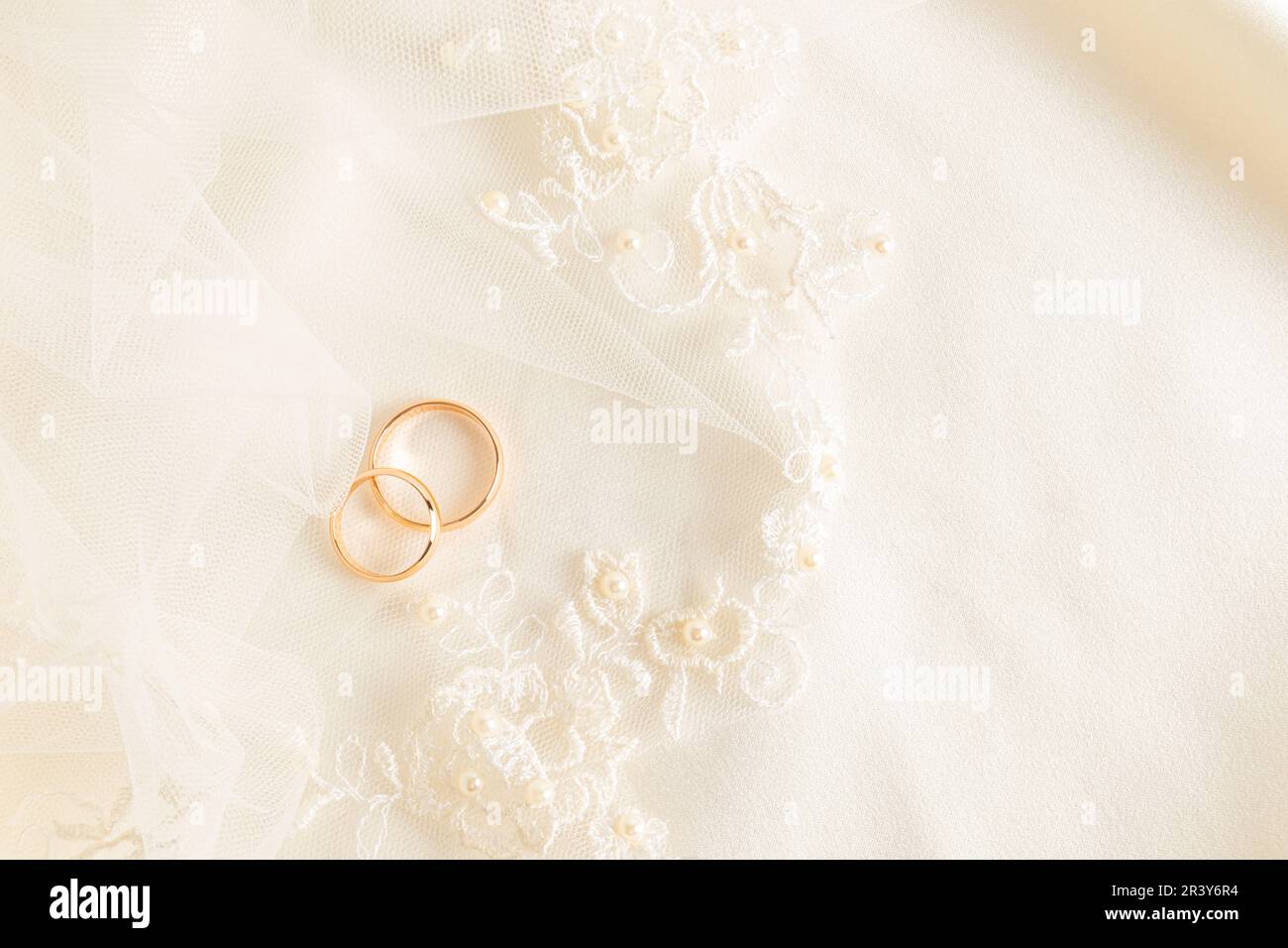 Two gold wedding rings lie on the bride's embroidered tulle with soft ...