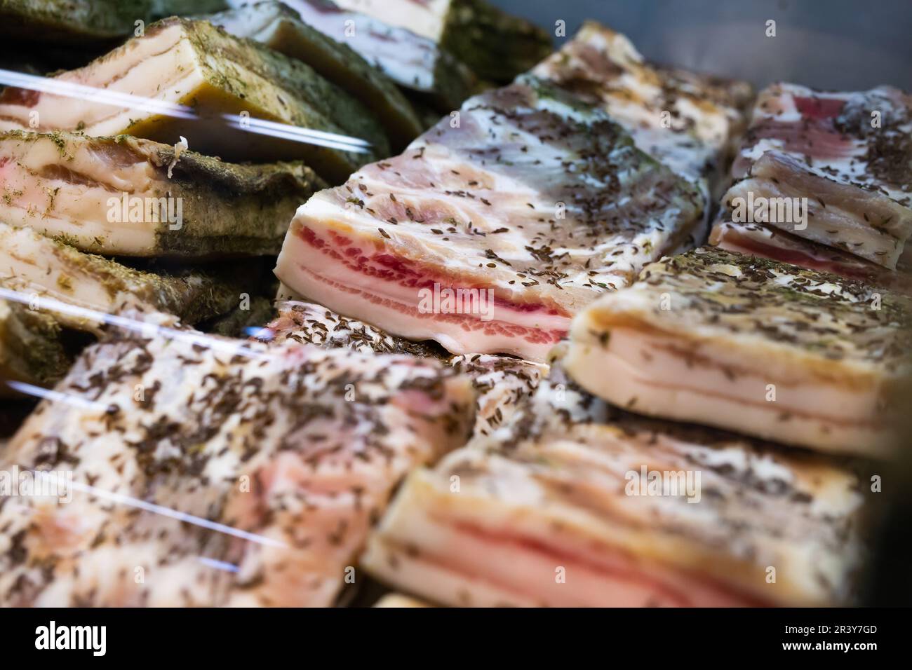salted cooked pork belly on store counter Stock Photo - Alamy