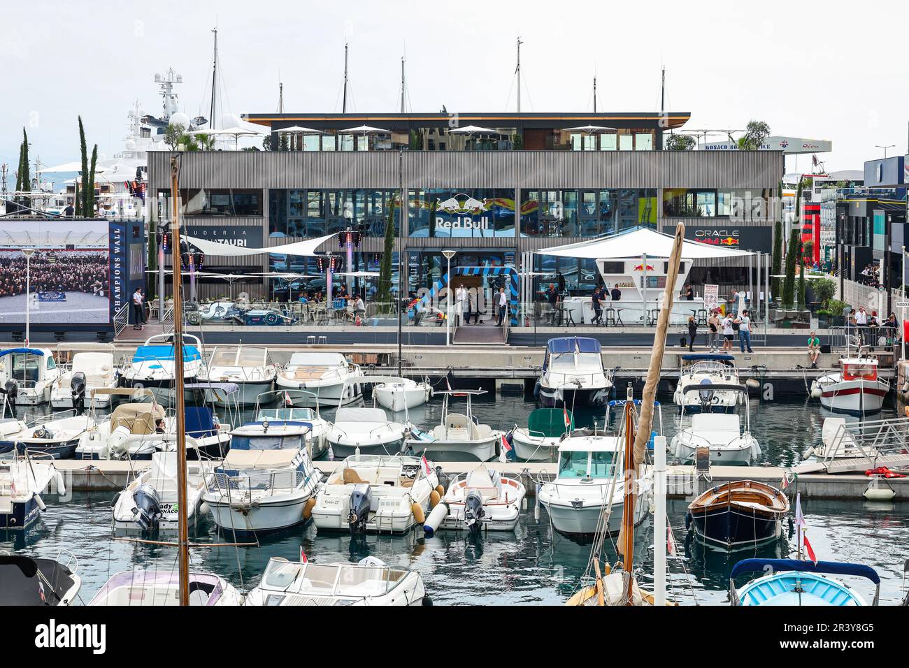 The floating motorhome of Red Bull Racing in the port of Monaco during ...