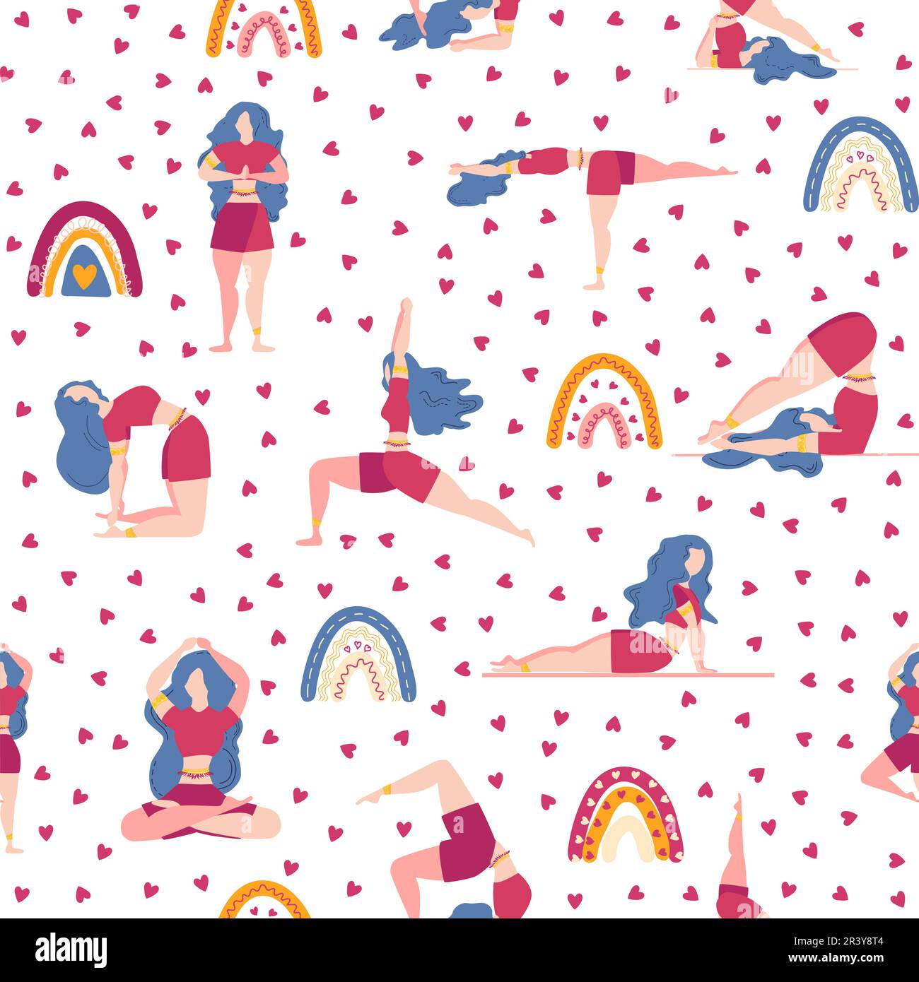 Yoga seamless pattern woman is engaged. Yoga poses, lotus, monstera ...