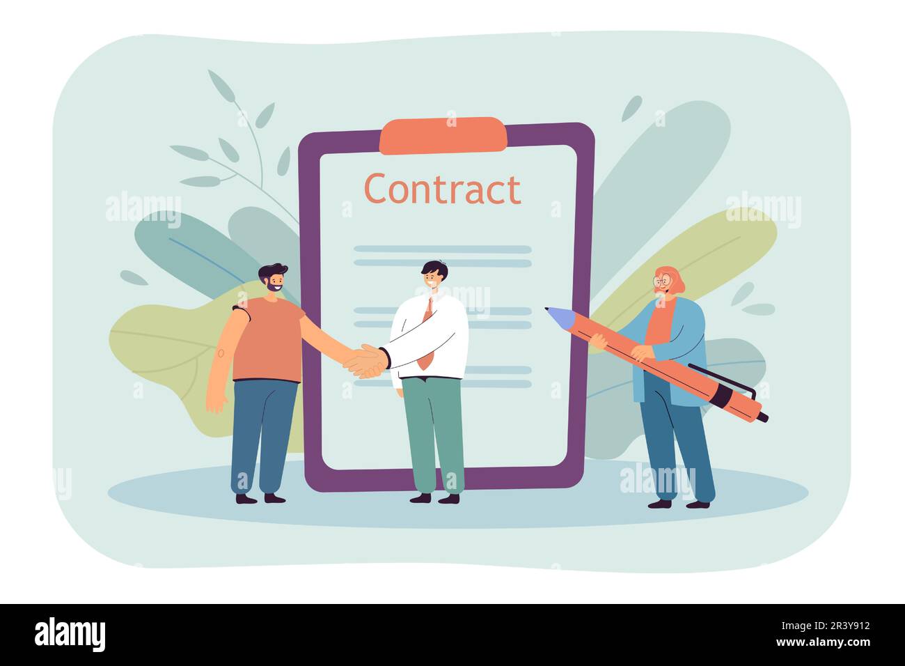 Two male cartoon businessmen shaking hands and signing contract Stock ...